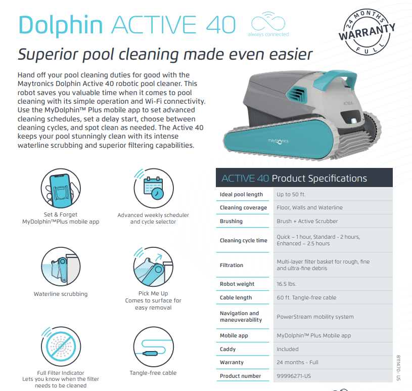 MAYTRONICS Dolphin™ Active 40 Robotic Pool Cleaner 99996271-US – Aabaco Store