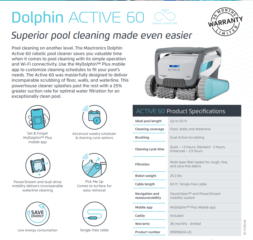 MAYTRONICS Dolphin™ Active 60 Robotic Pool Cleaner 99996614-US – Aabaco Store